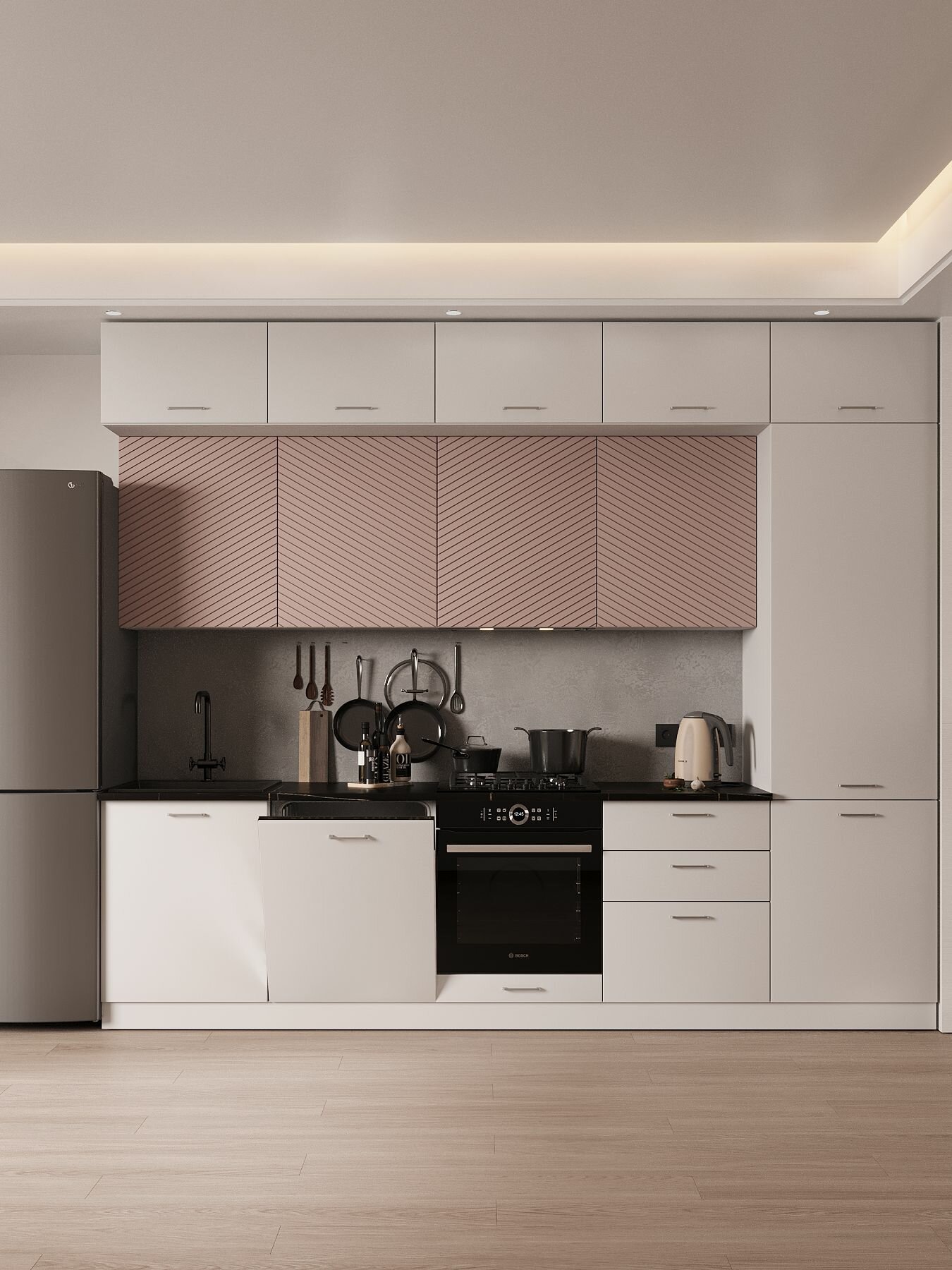 Кухонный гарнитур(кухня) без столешницы Аврора 3.0 Фасад МДФ Пудра софт/Белый софт мебельный РАЙ 3000х2510х450