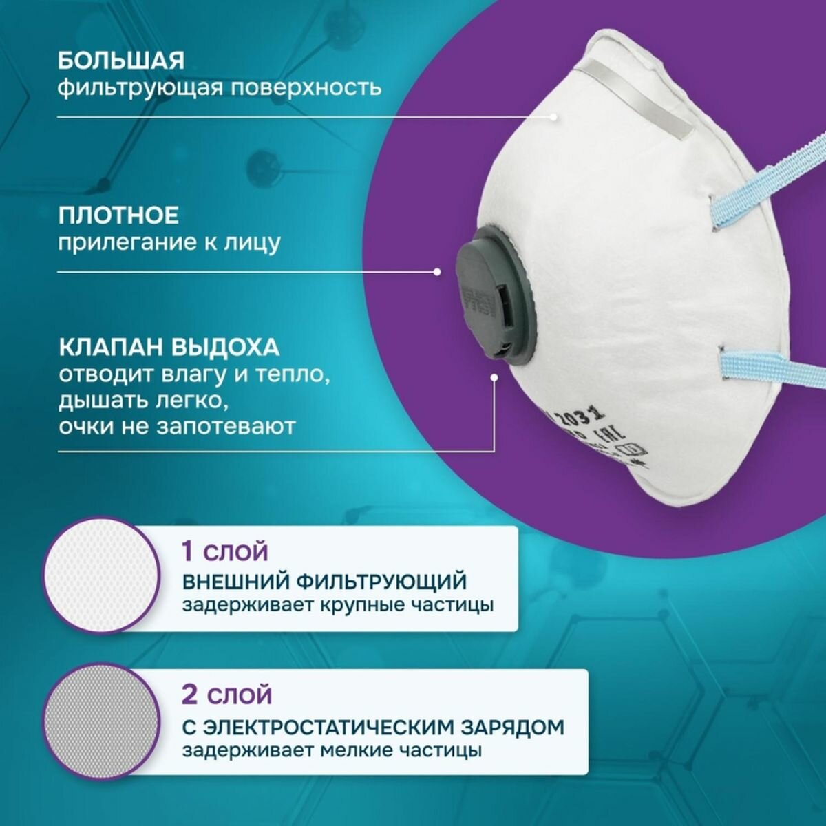 Респиратор FFP3 PHSV 2031 противоаэрозольный с клапаном, 10шт.