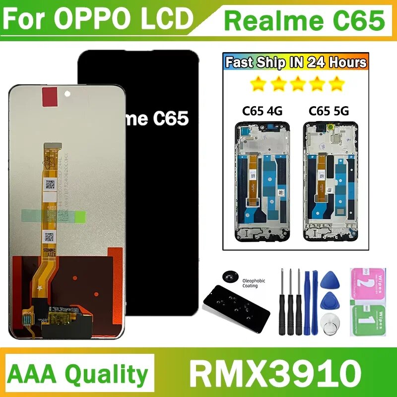 Экран дисплея C65 с рамкой для Oppo Realme C65 4G ЖК-дисплей RMX3910, дигитайзер сенсорного экрана в сборе, дисплей C65 5G 4G Black With Frame