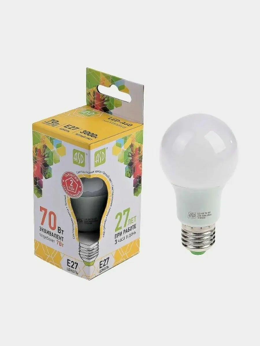 Светодиодная лампа ASD LED-A60, E27, 7 Вт, 3000K (теплый)