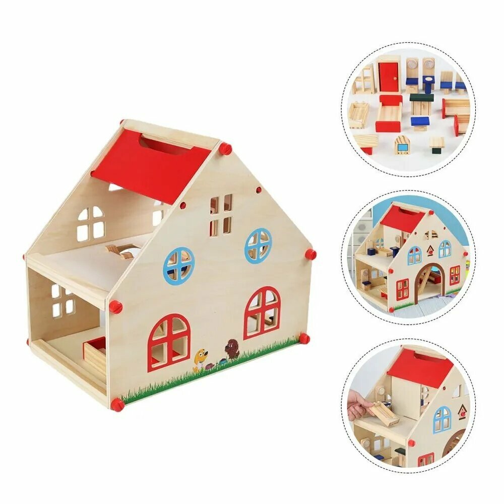 Деревянный переносной красный кукольный домик для детей с возможностью самостоятельной сборки