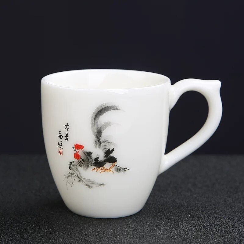 Чайная чашка из белого фарфора Дехуа в форме петуха, мастерская чашка, керамическая чашка для кунг-фу с ручкой, чайная