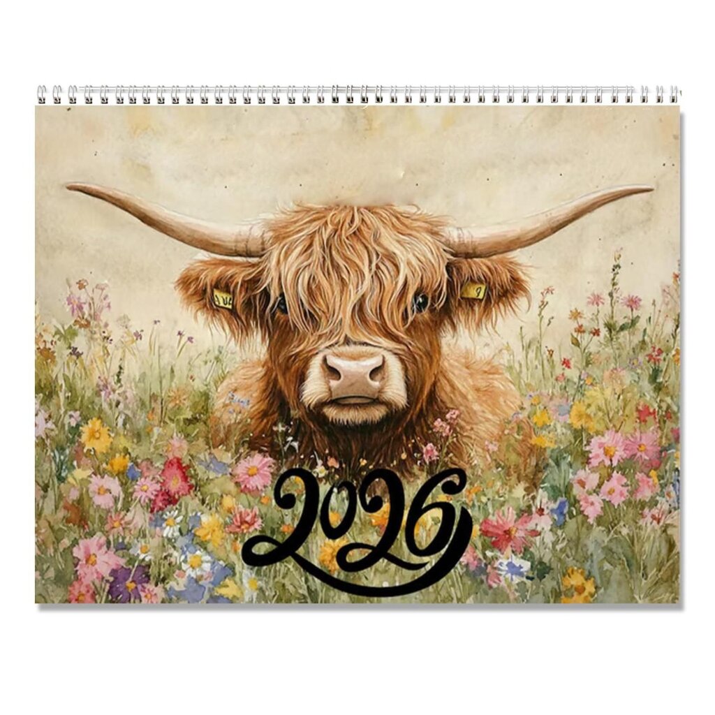 Художественный календарь крупного рогатого скота на 2026 год - Декор стен в стиле сельского коттеджа и ежемесячный планировщик, Художественный календарь крупного рогатого скота на 2026 год в Шотландии, необходимый любителям животных