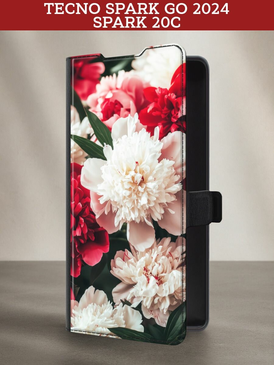 Чехол-книжка на Tecno Spark Go 2024/Spark 20C / Текно Спарк Го 2024/Спарк 20C с принтом Красивый букет, черный