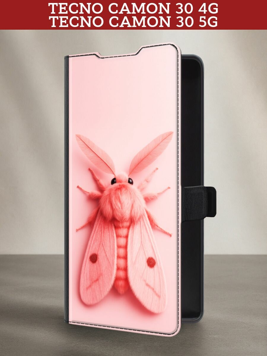 Чехол-книжка на Tecno Camon 30 4G/Tecno Camon 30 5G / Текно Камон 30 4G/Камон 30 5G с принтом Розовый мотылек, черный