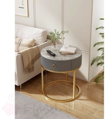 Прикроватная тумбочка круглая с выдвижным ящиком и столешницей из керамики (серый ребристый 45 см, без полки)