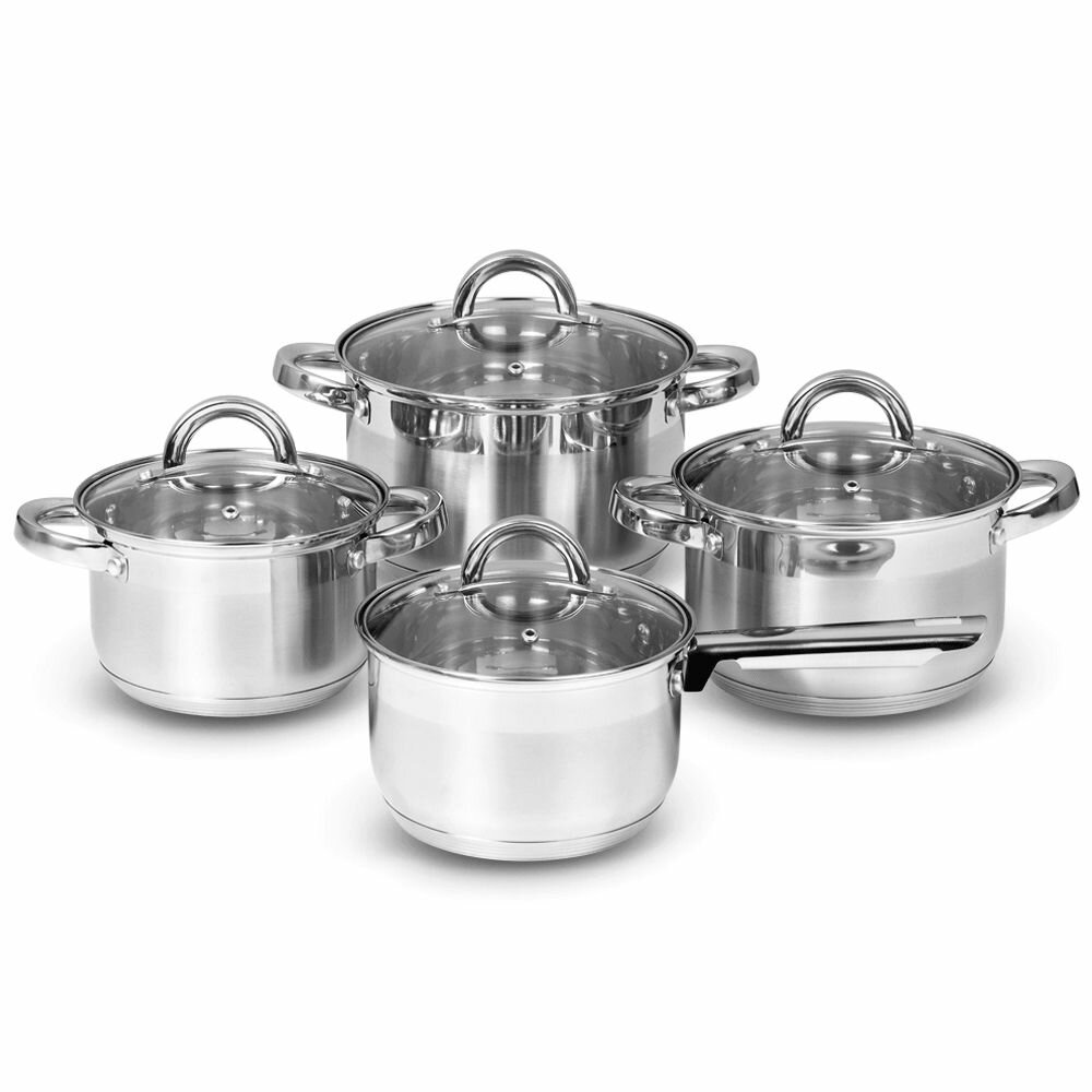 Набор кастрюль 2.1 л, 3 л, 4 л и ковш 2.1 л нержавеющая сталь со стеклянной крышкой, для индукционных плит Kelli, нержавейка 1,5 литра для газовой плиты