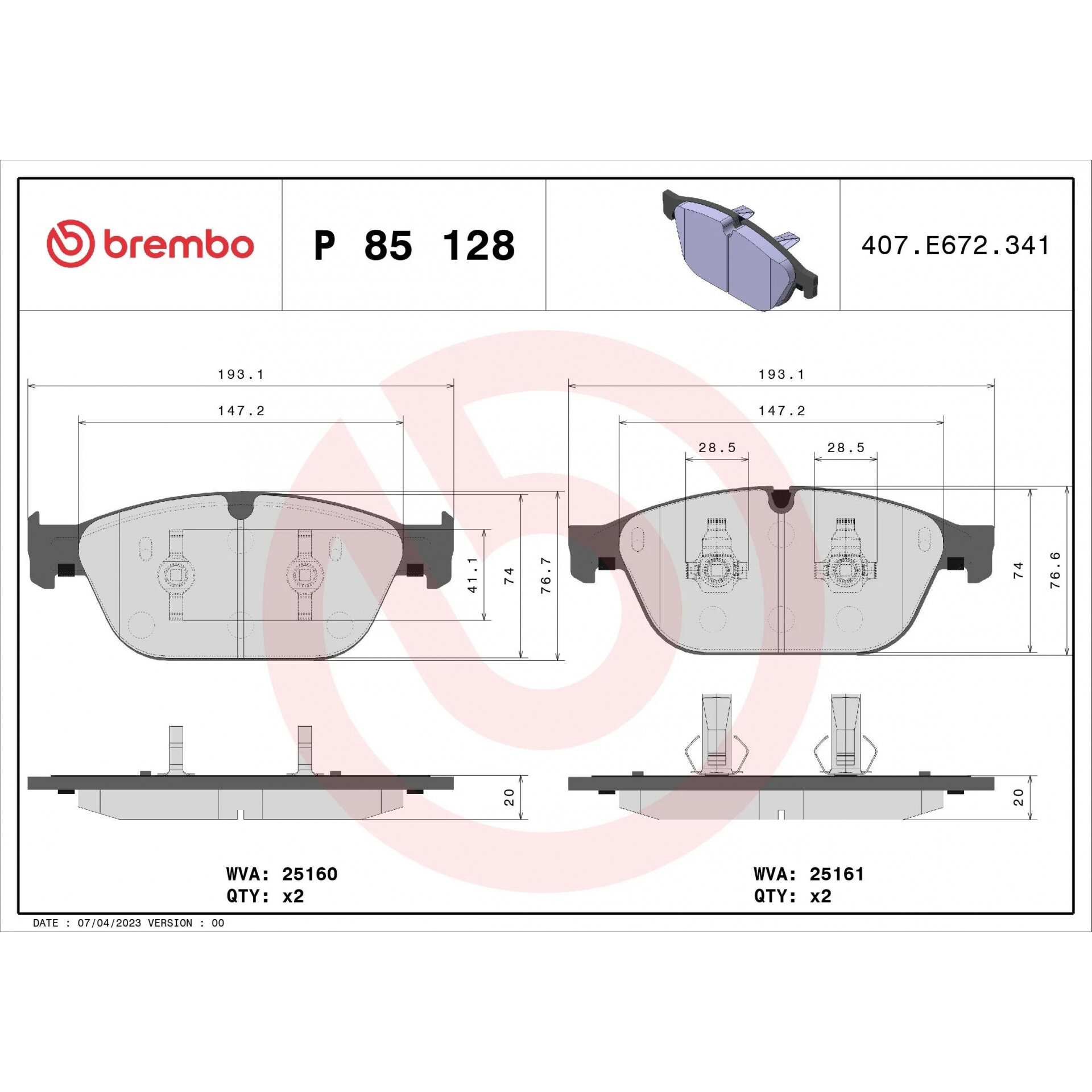 Колодки тормозные дисковые комплект Audi Seat Skoda Volkswagen, BREMBO P 85 128 (1 шт.)