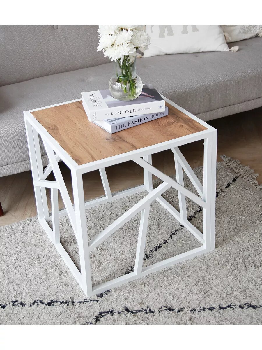 Столик журнальный лофт 50/50/50 см металлический в стиле лофт, столешница дуб вотан