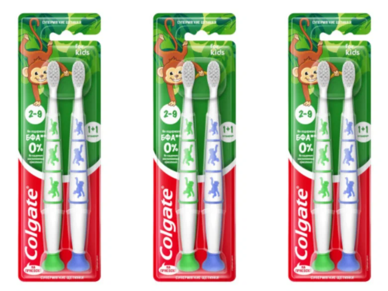 Зубная щетка Colgate Monkey, детская 2-9 лет, 1+1, супермягкие, 3 уп