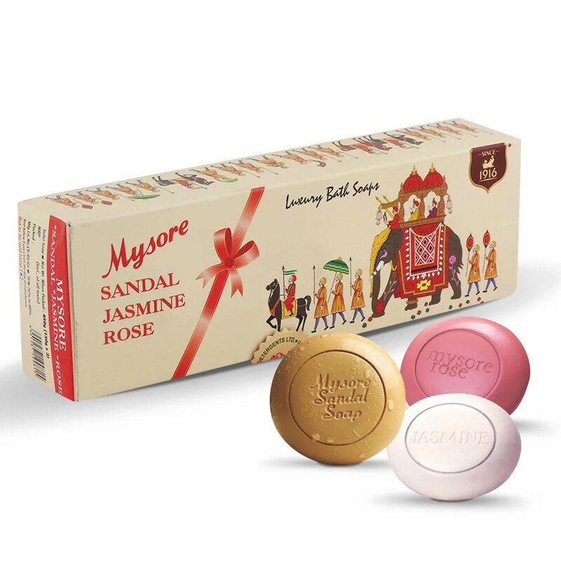 Мыло Сандал, Жасмин, Роза Майсур (Sandal Jasmine Rose soap Mysore Sandal), 3 штуки по 150 грамм