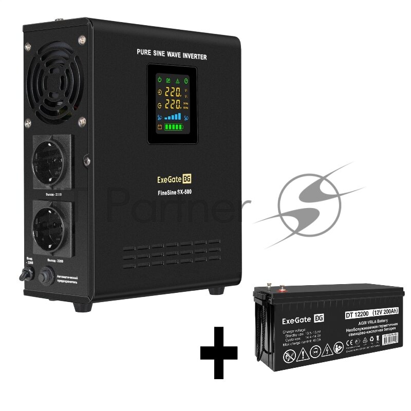 Комплект ИБП EX295995RUS + батарея 200Aч EX282991RUS 1шт (инвертор, синус, для котла, настенный) ExeGate FineSine SX-500. LCD. AVR.2SH <500VA/300W, чистая синусоида, цветной LCD-дисплей, AVR, 2*Schuko, линейно-интерактивный, крепление настенное/универс