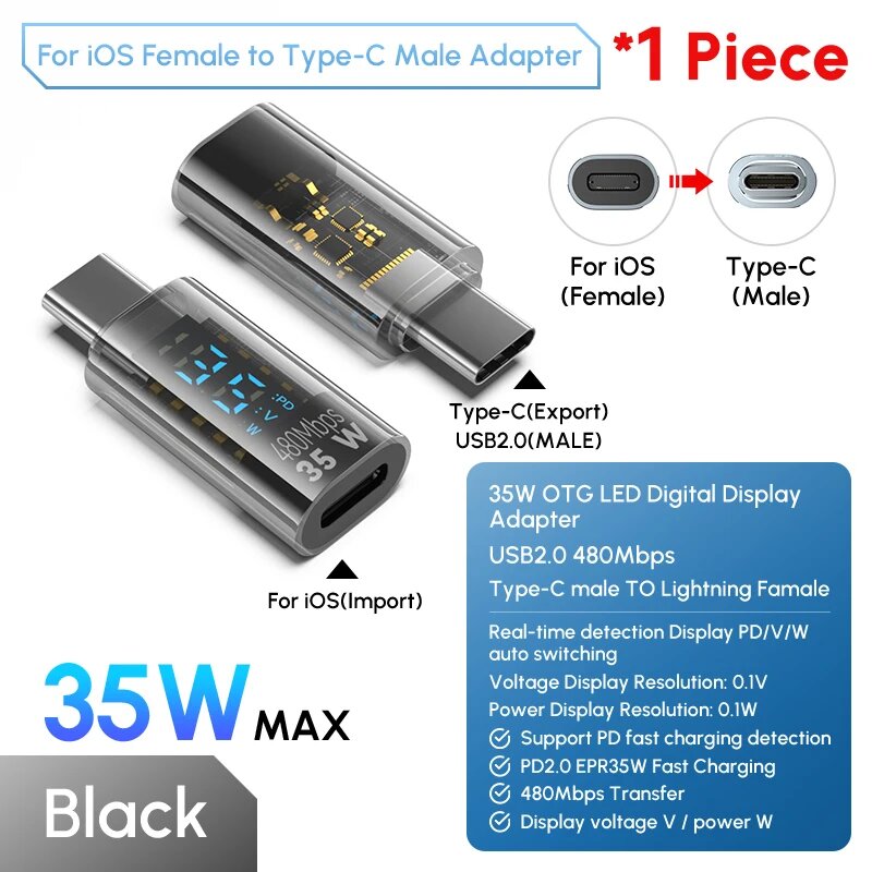 35 Вт для зарядного устройства Lightning Female to USB C, адаптер для IPhone 15 14 13 12 Pro Max Type C, 8-контактный разъем для зарядки, тестер мощности Type C Male Black