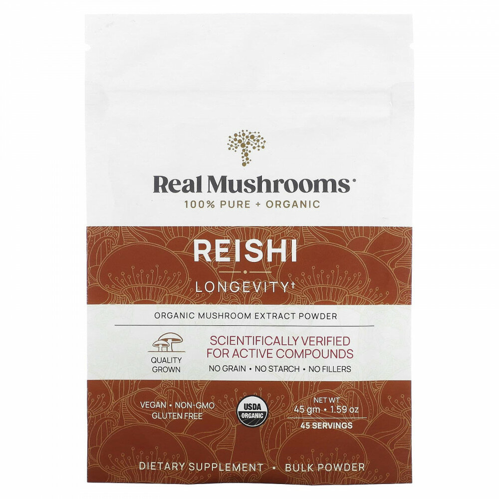 Real Mushrooms, Рейши, органический экстракт грибов в порошке, 45 г (1,59 унции)