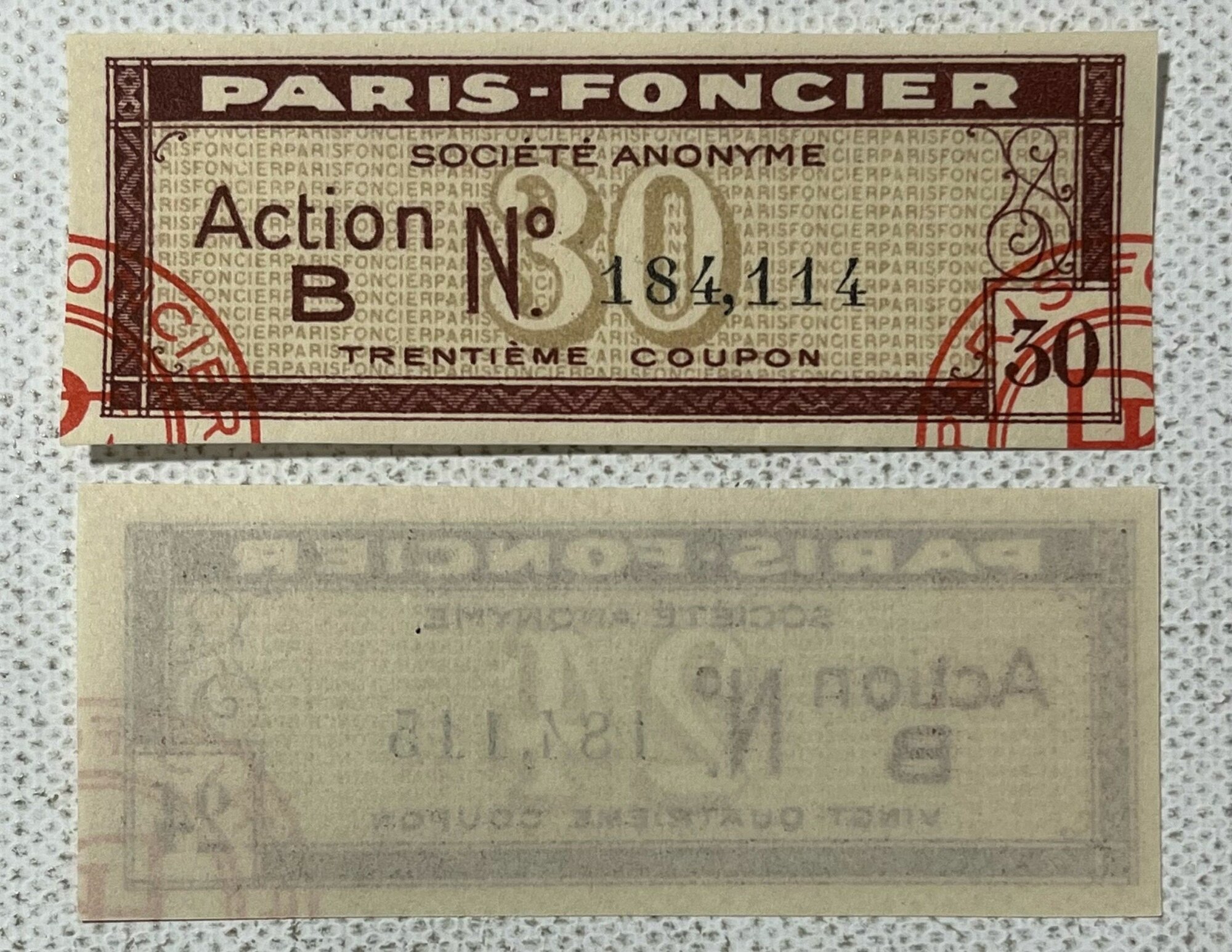 Купон от акции. Франция. Парижское земельное общество