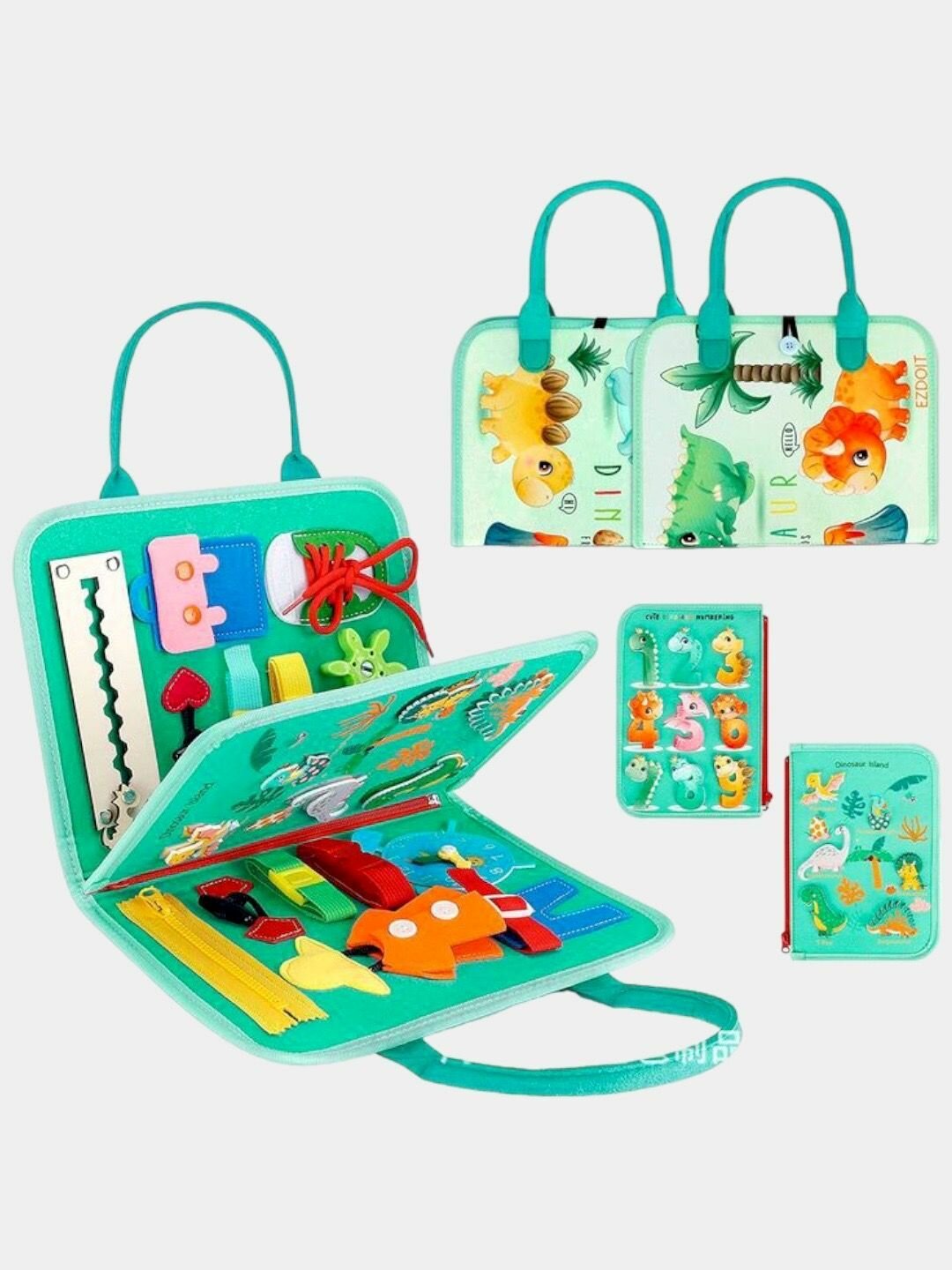 Бизиборд для малышей, мягкий планшет, развивающая игрушка в дорогу, сумка шнуровка "Динозавр"