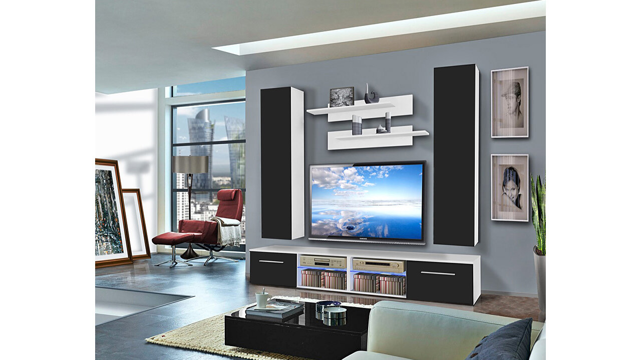 Гостиная 14 Черный 0190 / Белый Фасадный 0101 NOW 120x45x210 см, черный, белый фасадный Фиеста