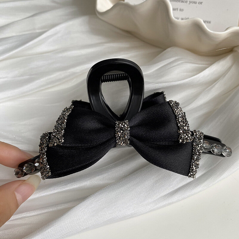 Французская заколка "Бант", с бантом, со стразами, черная
