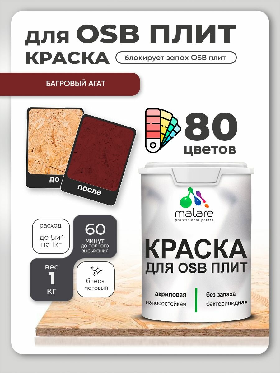 Акриловая краска для ОСБ плит Malare для дерева для наружных и внутренних работ, быстросохнущая без запаха матовая, багровый агат, 1 кг