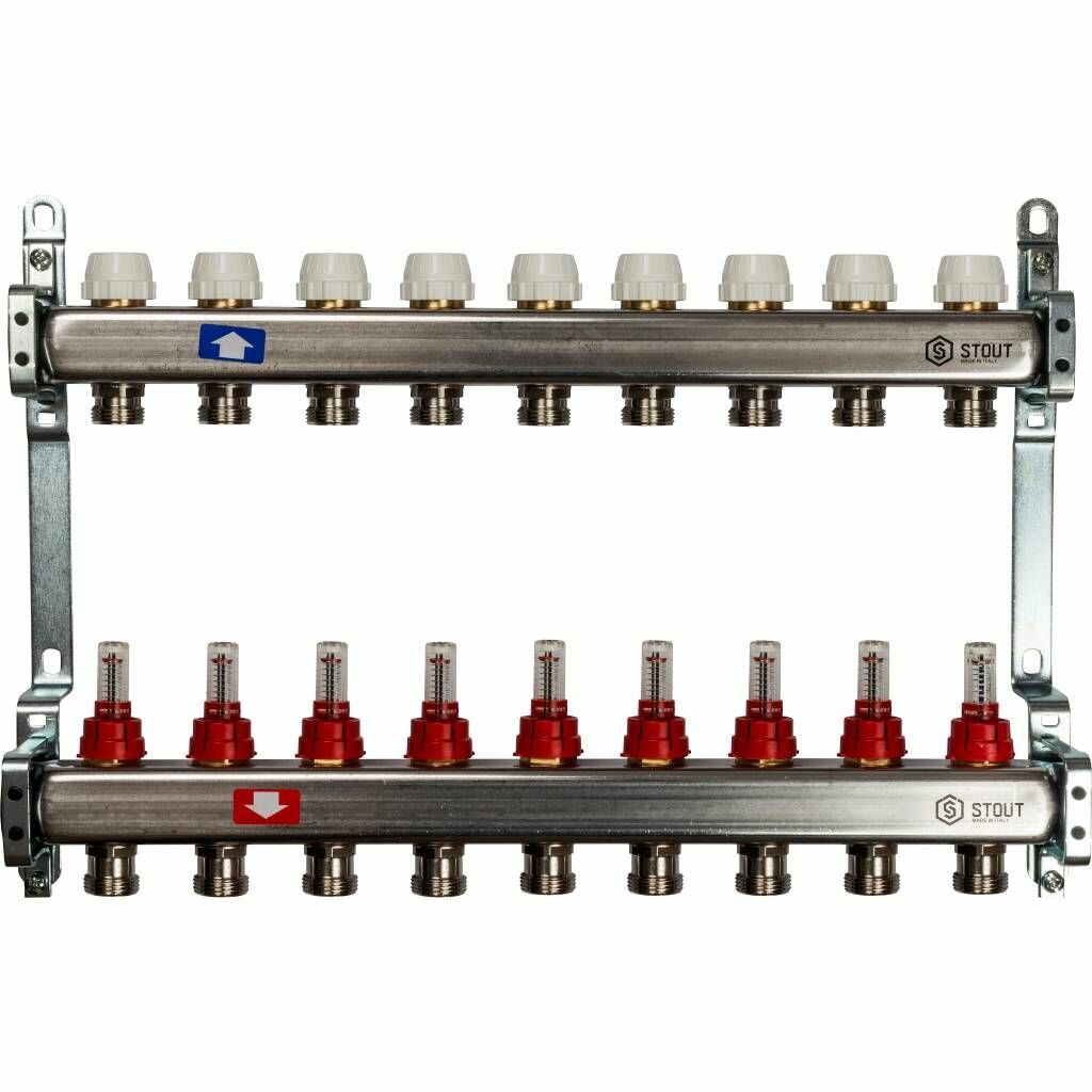 Коллекторная группа STOUT с расходомерами на 9 выходов из нерж. стали