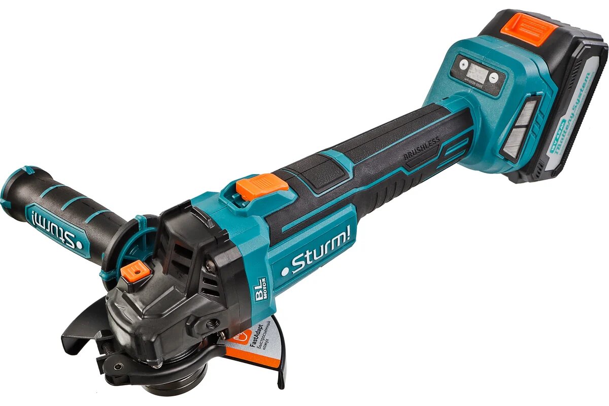 Аккумуляторная бесщеточная угловая шлифмашина Sturm, 18В, 1BatterySystem, 125мм, плавный пуск, 1x4Ач, кейс CAG18125BLE