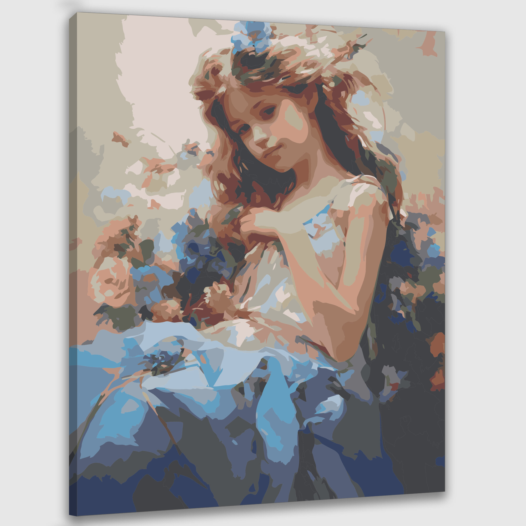 Картина по номерам 40x50 см, картина маслом, девушка, платье, цветы, лицо, глаза, свет, тени, кисть, прорисовка, грация