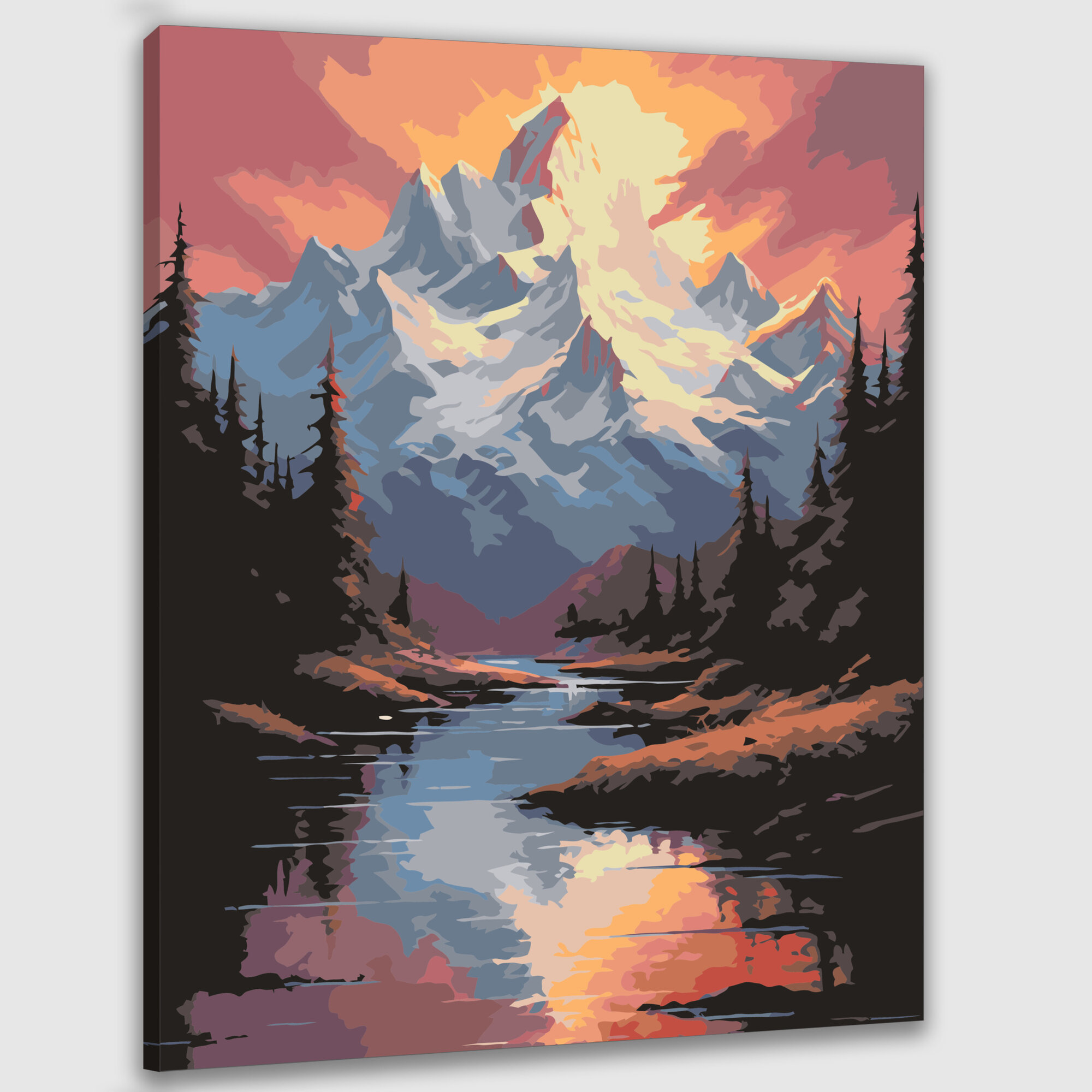 Картина по номерам 40x50 см, картина, масло, горный хребет, рассвет, лучи солнца, горизонт, заснеженные вершины