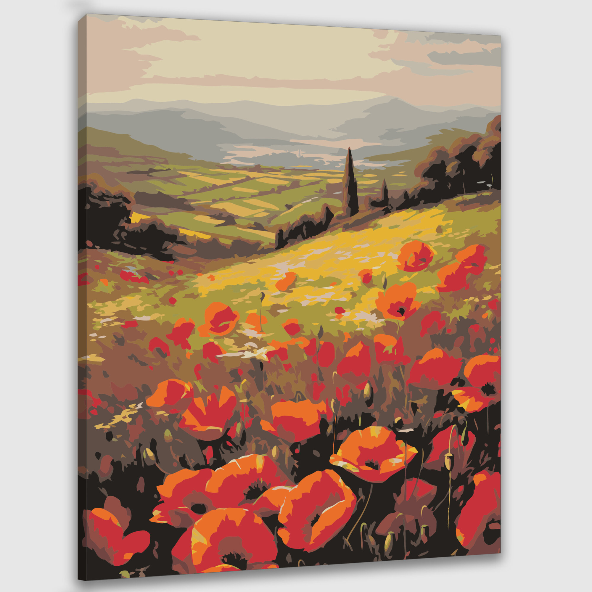 Картина по номерам 40x50 см, картина, масло, пейзаж, свет, луг, маки, контраст, трава, солнце, сияние, композиция