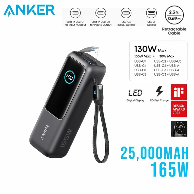 Anker A1695 Портативное зарядное устройство емкостью 25000 мАч мощностью 165 Вт с тремя портами USB-C мощностью 100 Вт для