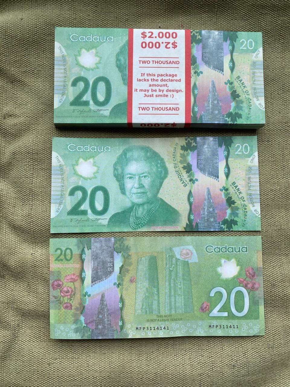 Пачка сувенирных денег 20 канадских долларов (Канада), 80 купюр (билеты банка приколов, бутафорские пачки)