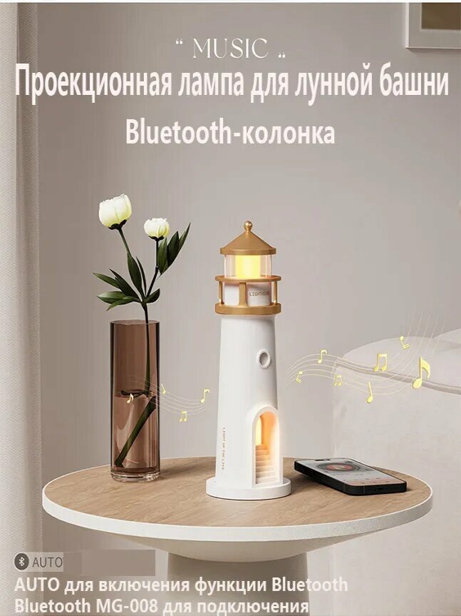 Ночник-проектор маяк с Bluetooth колонкой, USB, пульт ДУ, атмосферный светильник для спальни