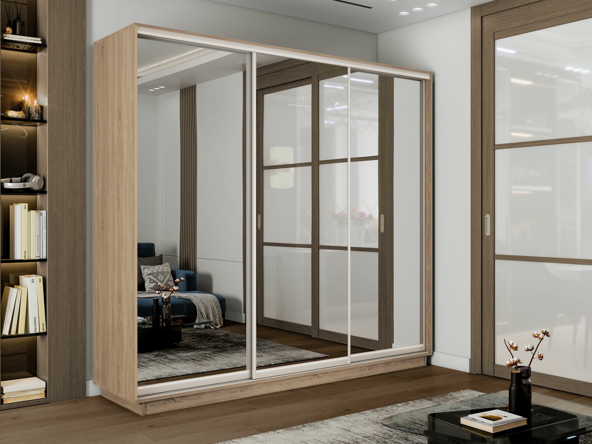 Шкаф купе Вилли 3-х дверный ЛДСП, зеркальные двери, профиль серебро 180 см х 220 см х 60 см (Дуб Сонома)