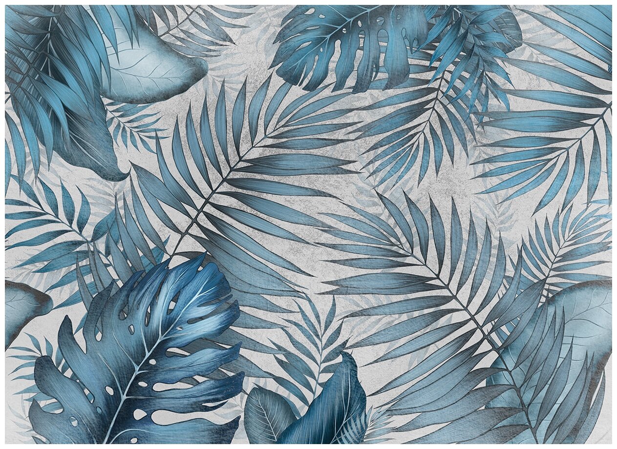 Фотообои Уютная стена "Синие листья пальмы" 370х270 см Виниловые Бесшовные (единым полотном)