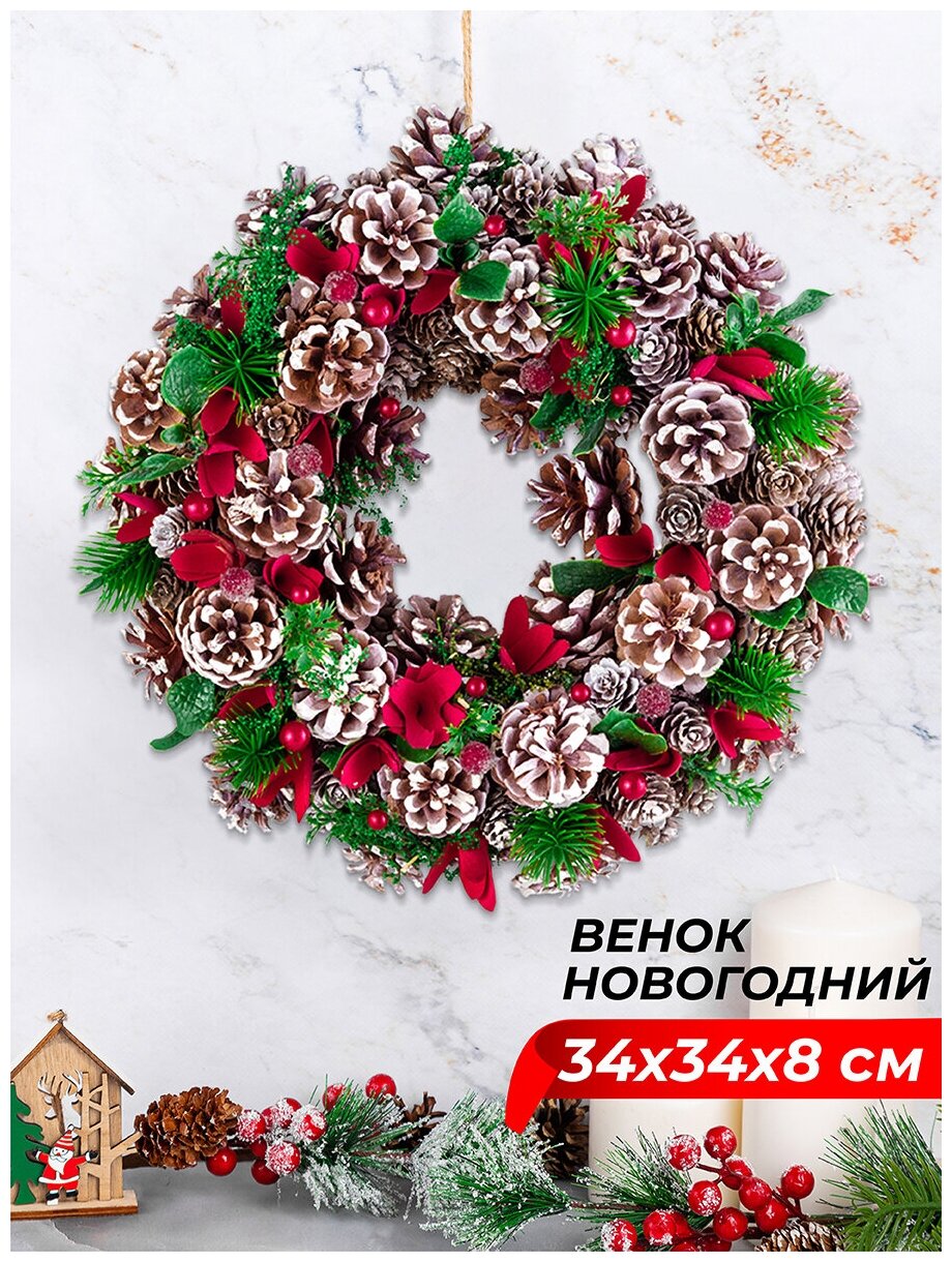 Новогоднее украшение венок 34х34х8 см Elan Gallery Заснеженные шишки, круг