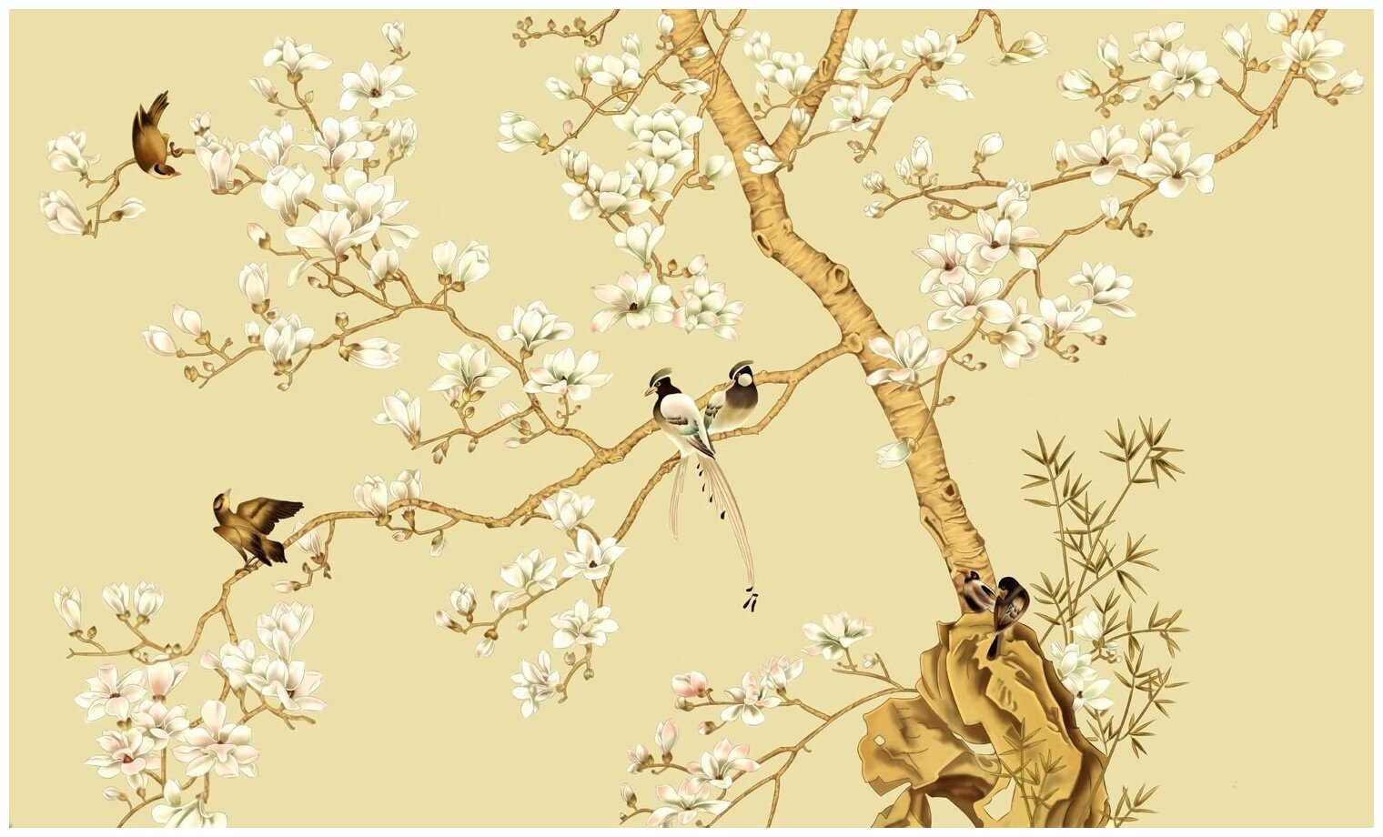 Фотообои Уютная стена "Ствол магнолии с прекрасными птицами" 450х270 см Виниловые Бесшовные (единым полотном)