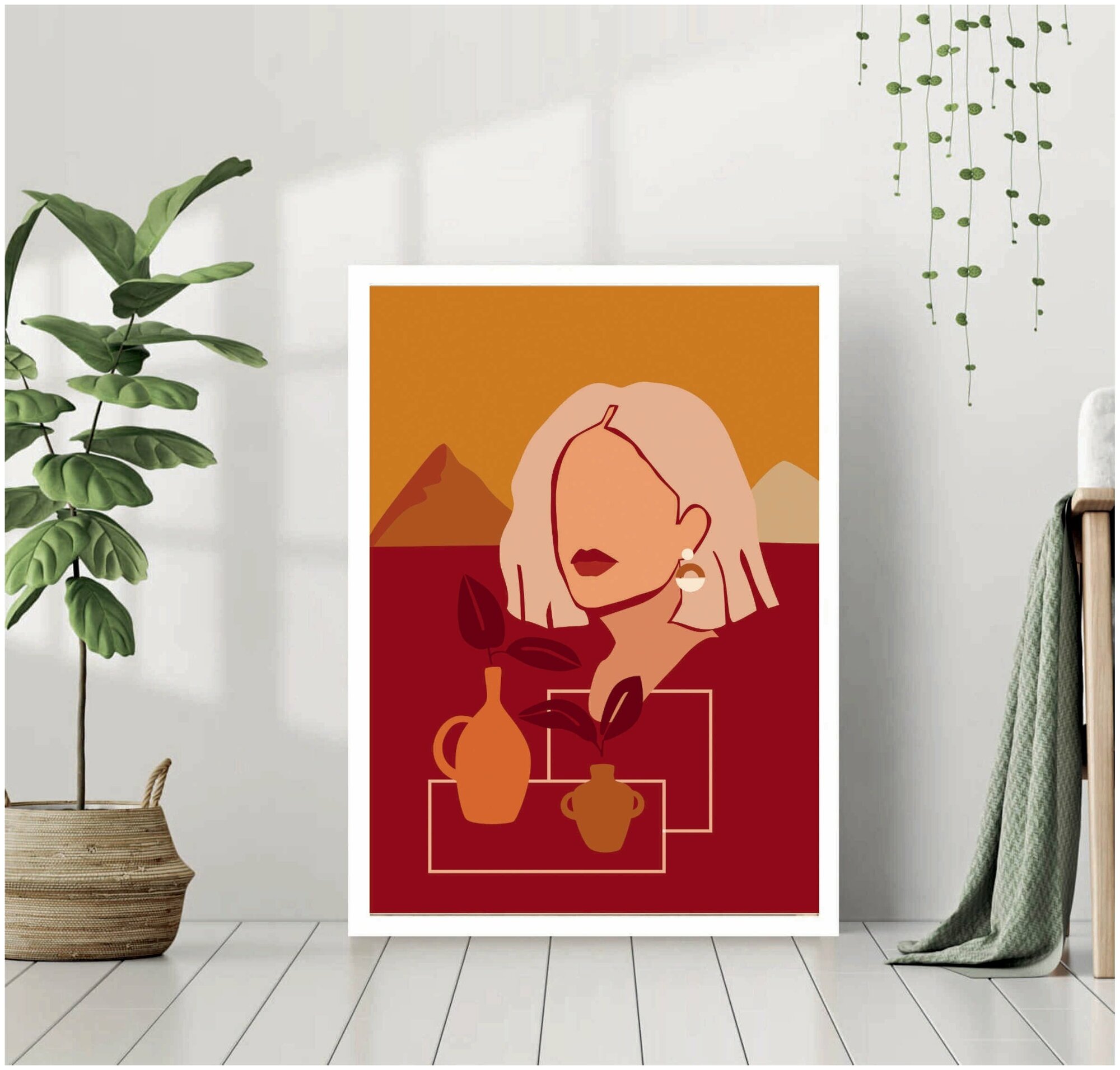 Постер "Девушка с каре, горы, кувшины. Минимализм. Стиль бохо" 40x50 в белой рамке для интерьера на стену