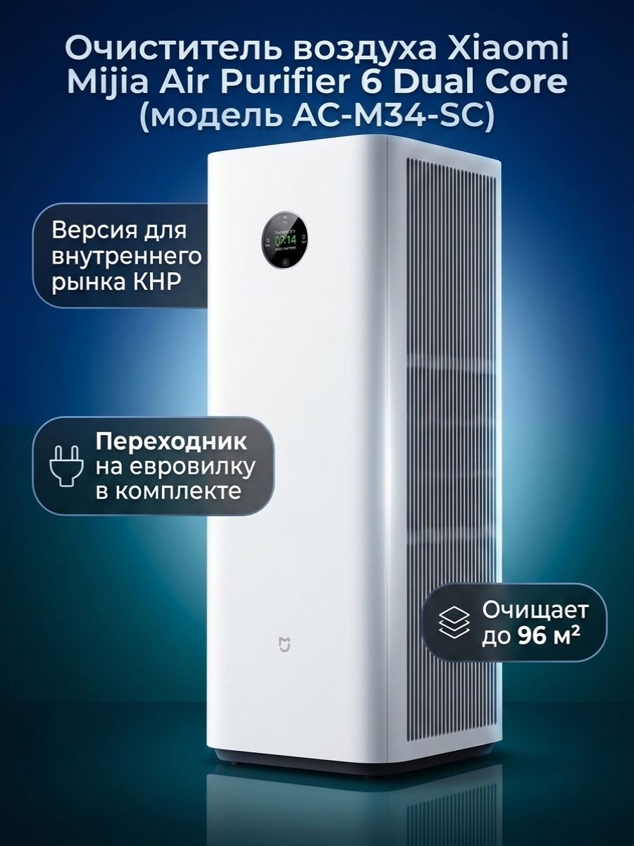 Очиститель воздуха Xiaomi Mijia Air Purifier 6 Dual Core с УФ-стерилизацией, 7 слоёв фильтрации, CADR 949 м3/ч, до 96 кв м, датчик формальдегида, белый