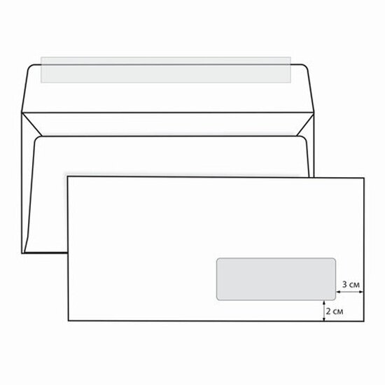 Конверты Е65 Ряжская Печатная Фабрика (110х220 мм), правое окно, отрывная полоса, белые, комплект 1000 шт.