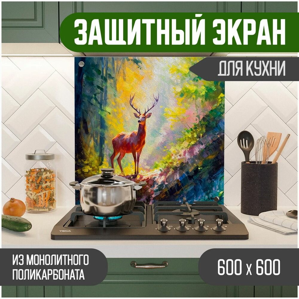 Фартук для кухни, защитный экран из акрилового стекла (поликарбонат) на кухонный фартук в зону мойки и плиты с фотопечатью. Панель на стену с рисунком Олень 600 х 600 х 3 мм, 600-044