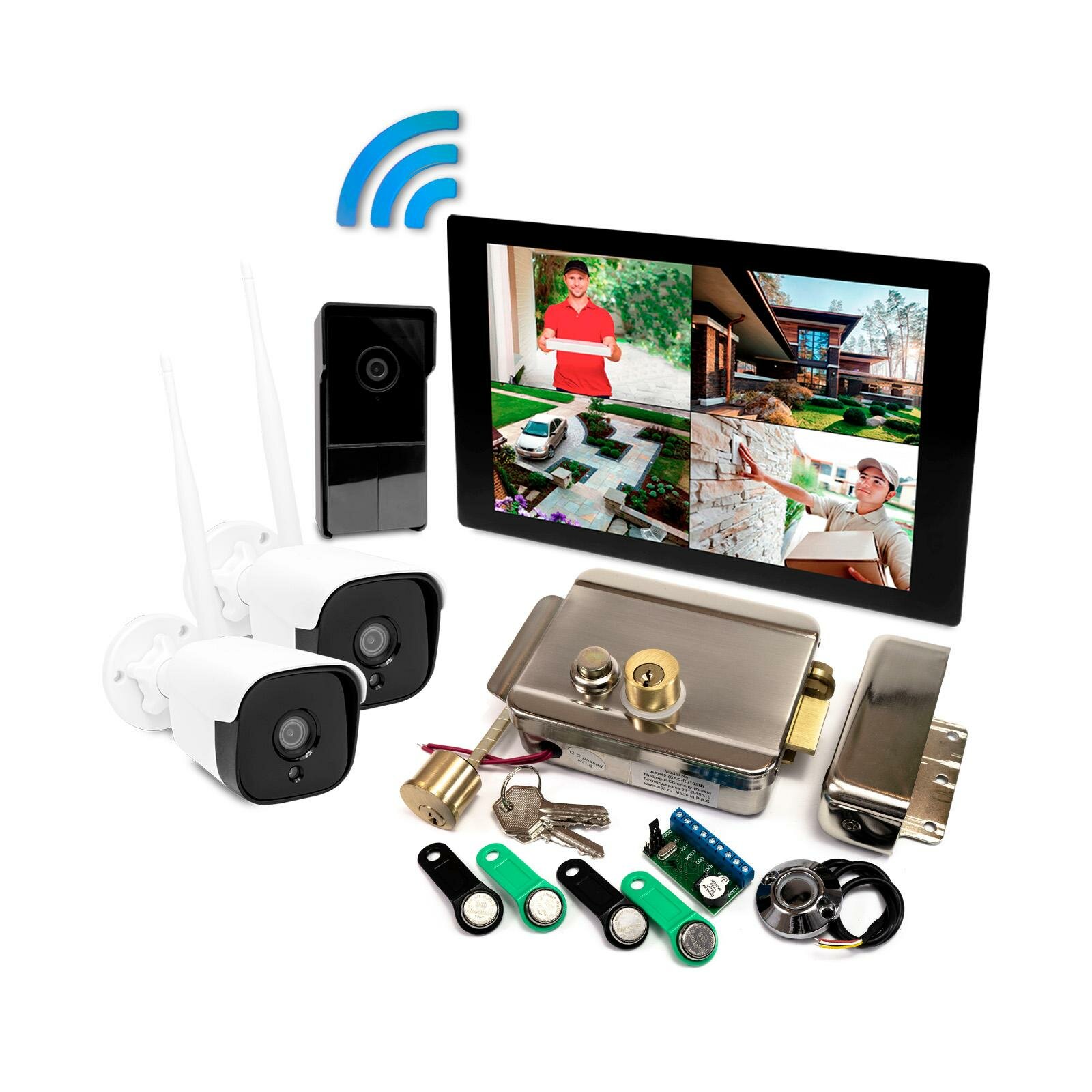 Wi-Fi видеодомофон TUYA с 2 камерами и замком - Sky-Net 1000 (1+2+Zenit) (Q24027SKY): HD монитор 10 дюймов, вызывная панель, электромеханический зам