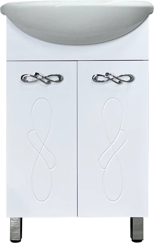 Тумба с раковиной Style Line Венеция 55 напольная, 56 см, белая, глянцевая, из МДФ, с дверками, раковина для ванной, фаянсовая, полукруглая, встроенный слив-перелив