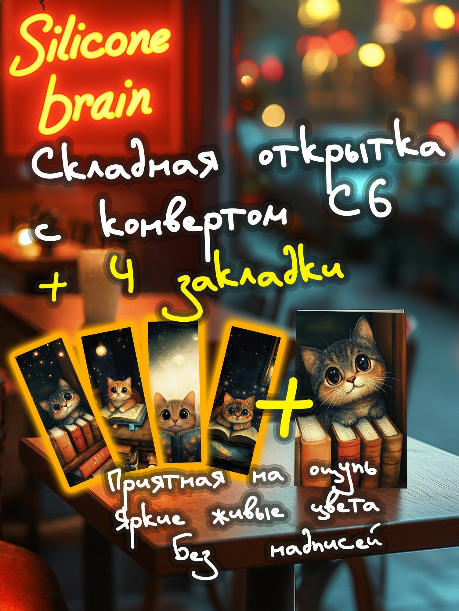 "Котик с книгой 4", мини-набор подарочный для книголюбов, дизайнерская бумага, милый сувенир для тех, кто любит читать