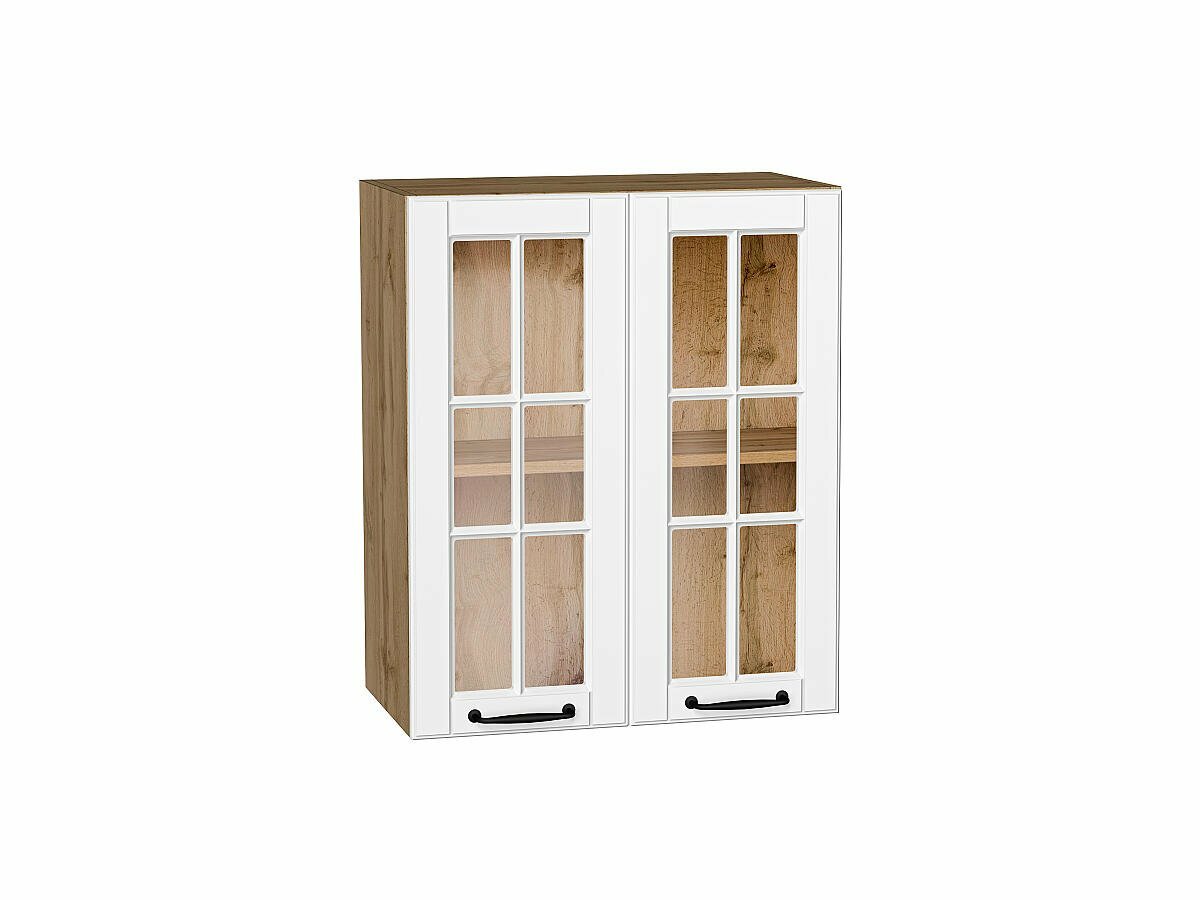 Шкаф верхний с 2-мя остекленными дверцами Дублин, цвет фасада Special White, цвет каркаса Дуб Вотан, стекло прозрачное, 716*600*318 мм
