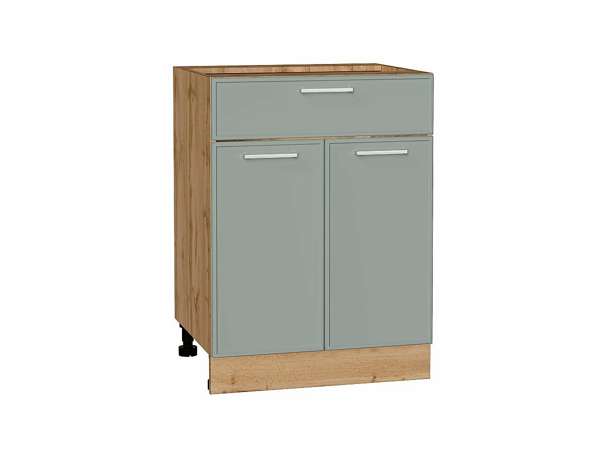 Шкаф нижний с 2-мя дверцами и ящиком Квадро, цвет фасада Аквамарин, цвет каркаса Дуб Вотан, 816*600*481 мм