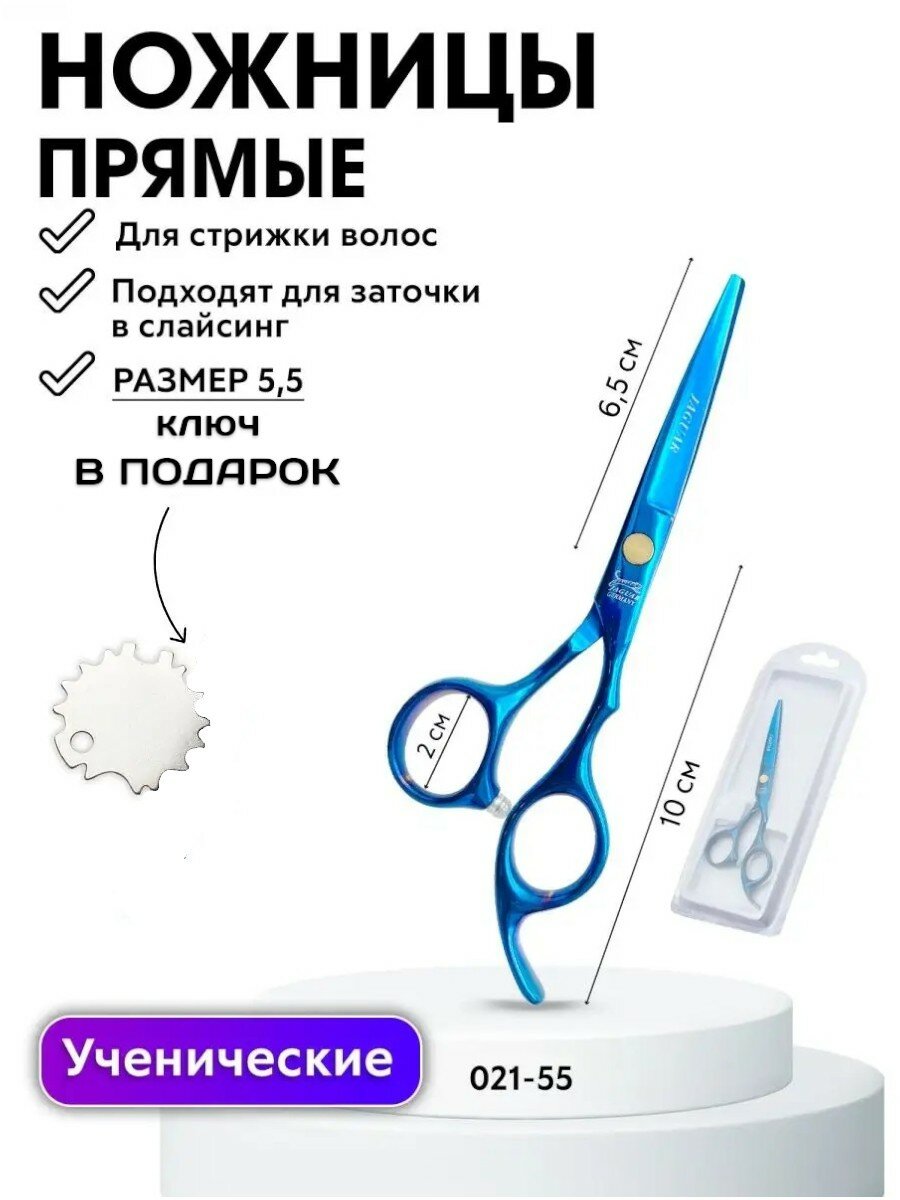 CHARITES / Ножницы прямые для стрижки волос G021-55 парикмахерские, размер 5.5 синие JAG (21-55ТС) + Блистер, ключ
