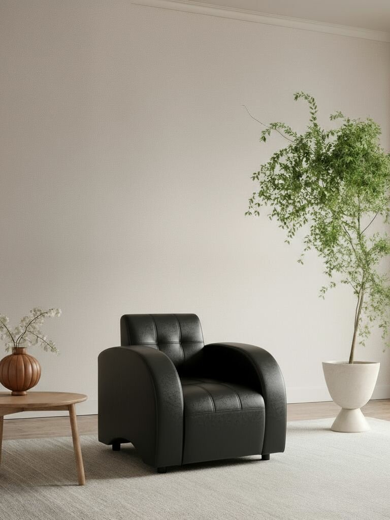 Кресло Вега с подлокотниками черная кожа в офис, дом, салон красоты, прихожую, гостиную, зону ожидания.