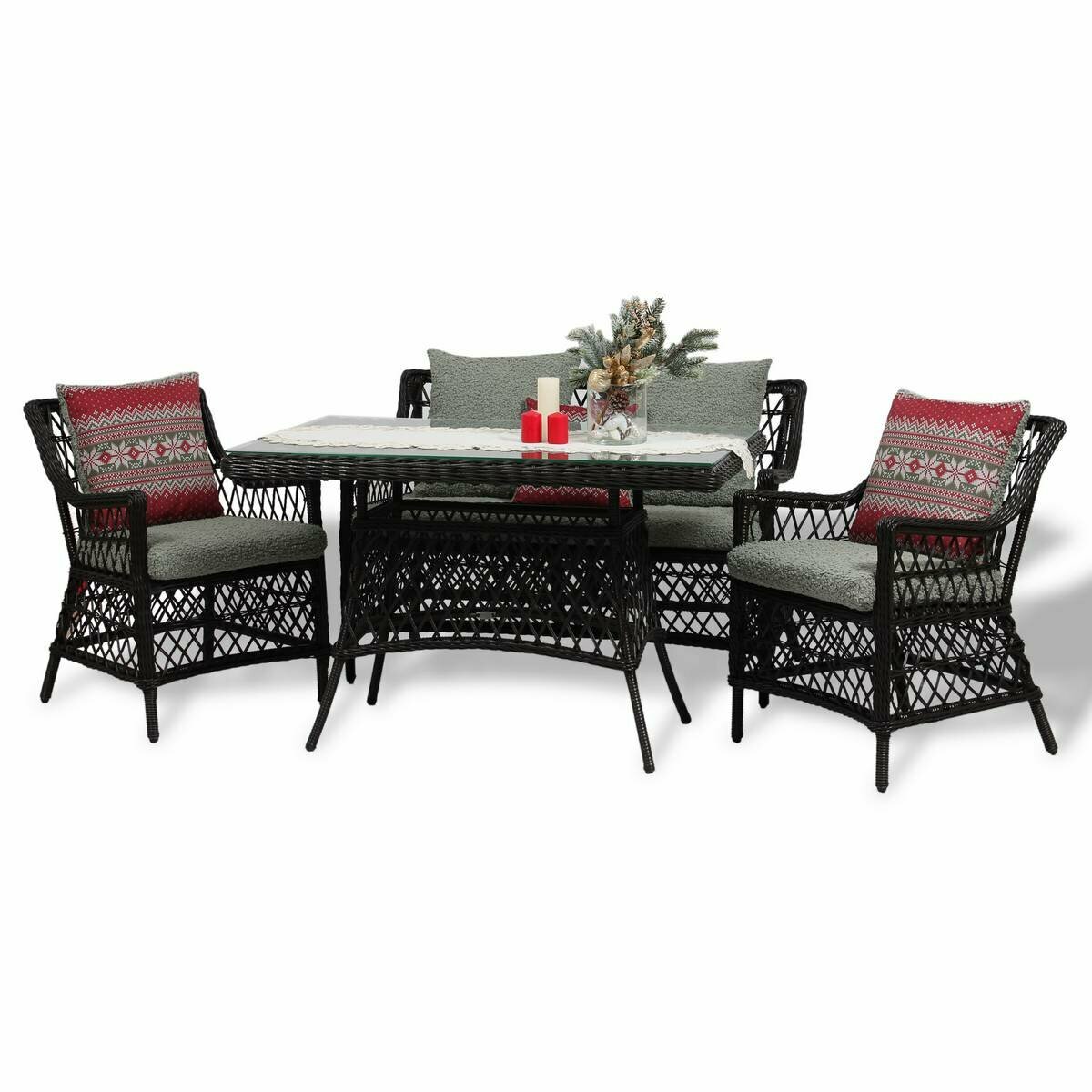 Плетеная мебель Malacca Гайс в цвете венге, искусственный ротанг, для улицы, с новогодним текстилем снежинки