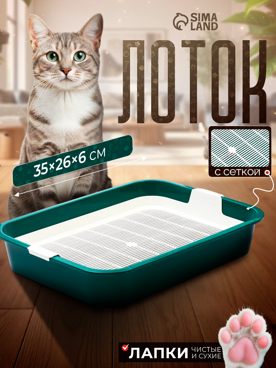 Туалет "Белла мини" для кошек, с сеткой, 35 х 26 х 6 см, Зеленый