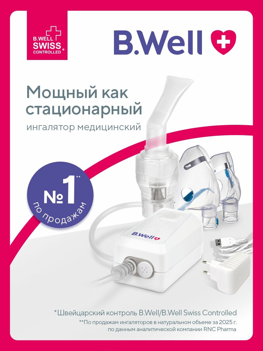 Ингалятор(небулайзер) B.Well MED-120 компрессорный медицинский компактный с адаптером для взрослых и детей.