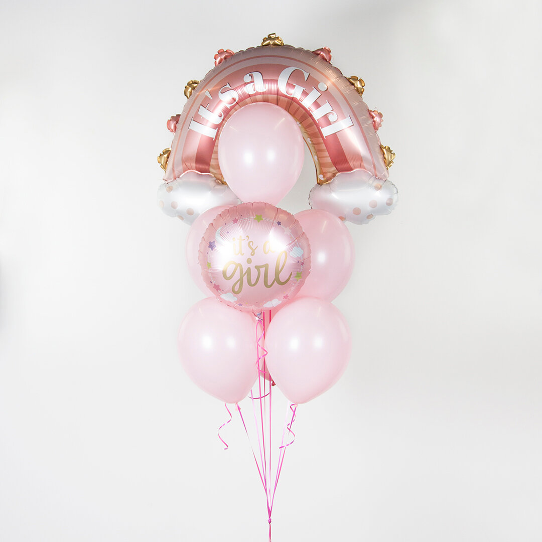 Фонтан из воздушных шаров с гелием Радуга с рождением девочки